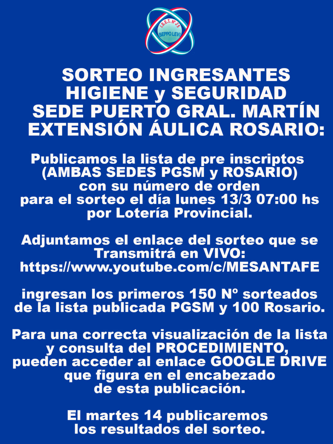 Se viene el sorteo de ingresantes a la carrera de Higiene y Seguridad ...